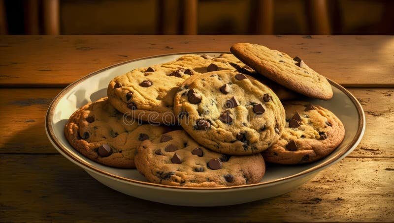 Chocolate Chip Cookies in Bowl on Wooden Table. Generative AI Stock ...