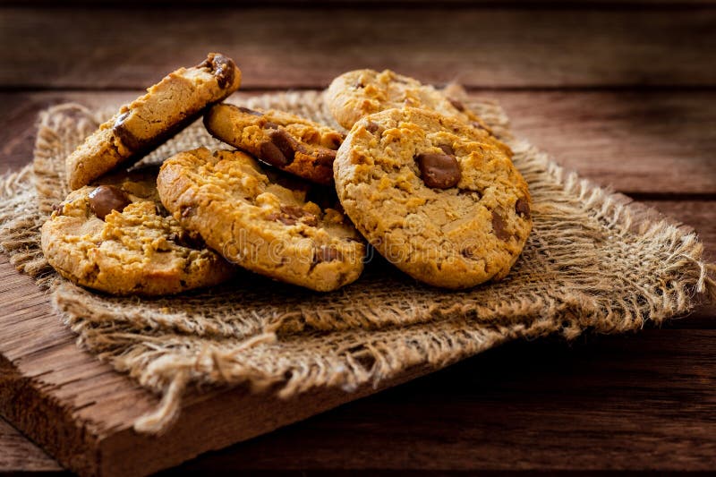 Chocolate Chip Cookies on Burlap Napkin Stock Image - Image of culinary ...