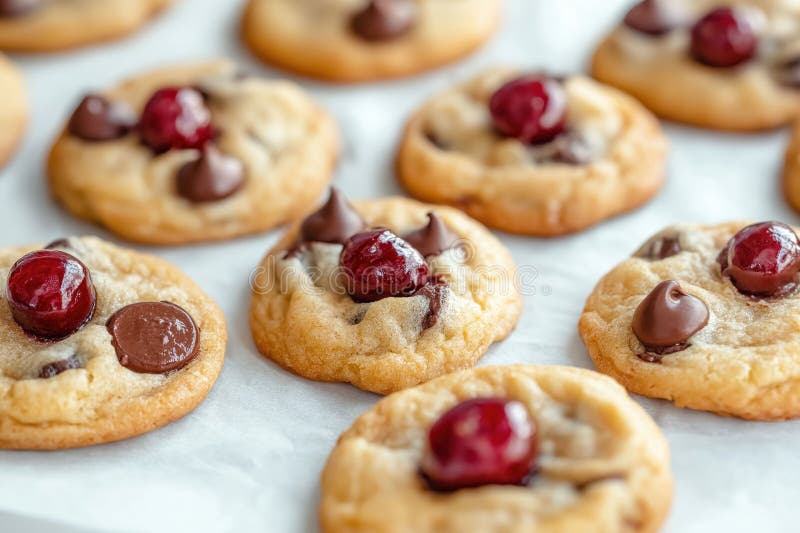 Chocolate Chip Cookies with Cherries on Parchment Paper during Baking ...