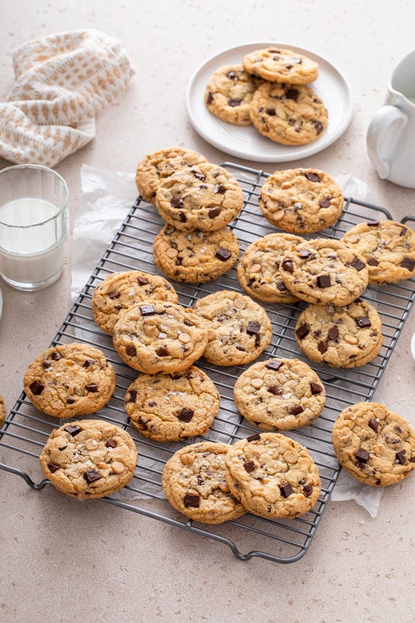 Chocolate Chip Cookies on a Cooling Rack with Flaky Salt Served with ...