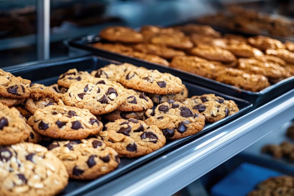 Chocolate Chip Cookies on Display in Bakery with Various Flavors and ...