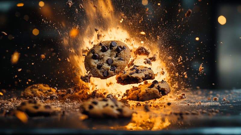 Chocolate Chip Cookies Exploding in a Dynamic Kitchen Setting at Dusk ...