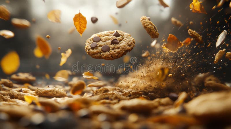 Chocolate Chip Cookies Falling among Autumn Leaves Stock Illustration ...