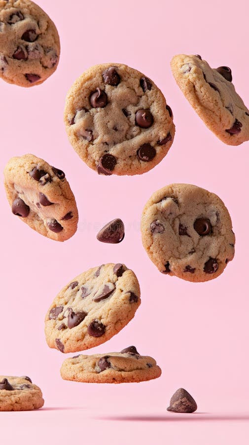 Chocolate Chip Cookies Falling on Pink Background Stock Photo - Image ...