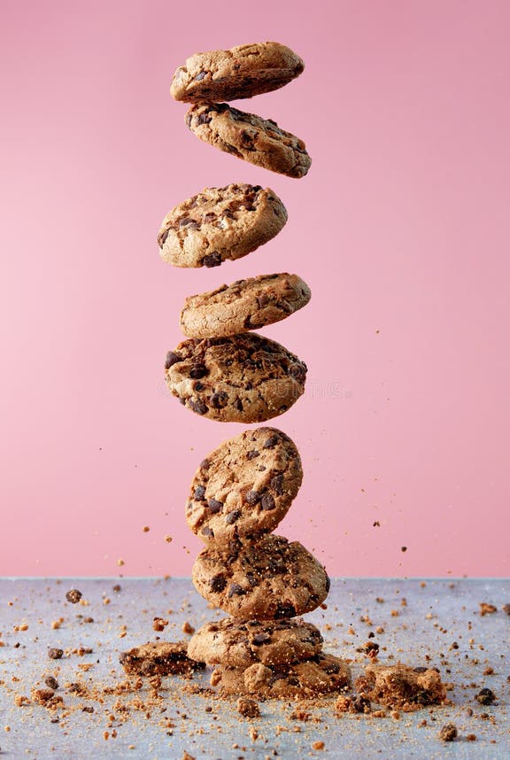 Chocolate Chip Cookies Falling in Stack Stock Image - Image of ...