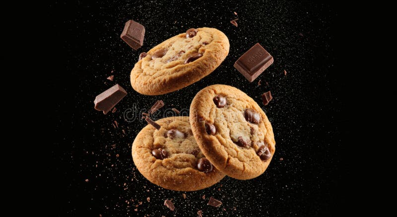 Chocolate Chip Cookies Floating with Chocolate Pieces on Dark ...