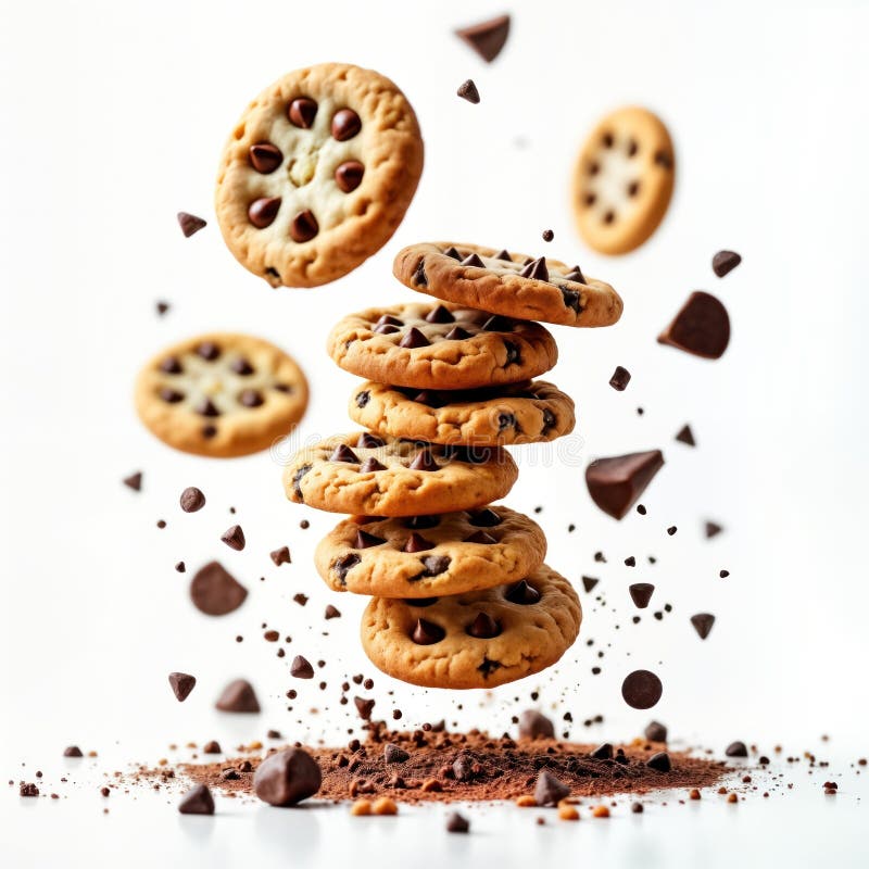 Chocolate Chip Cookies Levitate in Air. Cookies Piled in Stack ...
