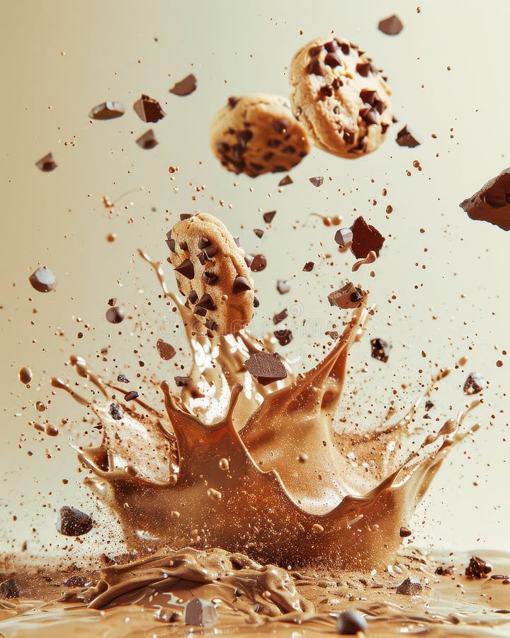 Chocolate Chip Cookies Plunging into a Brown Liquid Splash Stock Image ...