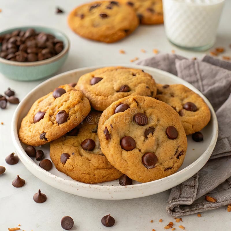 Chocolate Chip Cookies on Table in Plate Blur Back Ground Stock ...