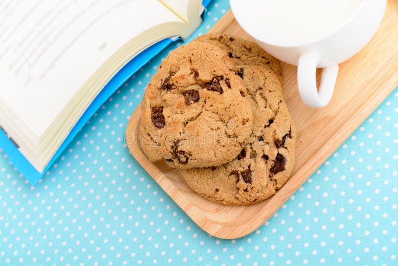Chocolate Chip Cookies Tea Time Stock Image - Image of cookie, book ...