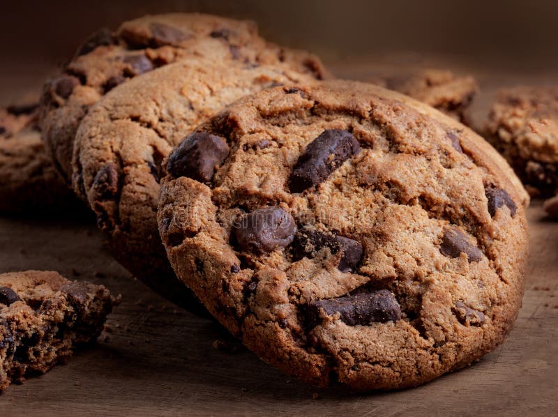 Chocolate Chip Cookies on Wooden Background, Copyspace, Top View Stock ...
