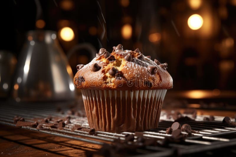 Chocolate Chip Muffin on Rustic Kitchen Table Stock Illustration ...