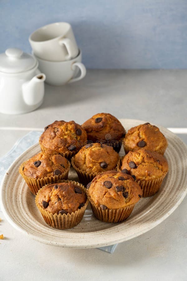 Chocolate Chip Muffins in a Plate, Home Made Pastry Dessert Stock Photo ...