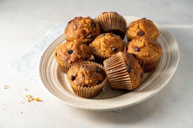 Chocolate Chip Muffins in a Plate, Home Made Pastry Dessert Stock Image ...