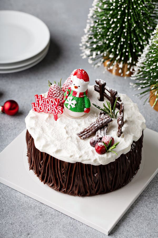 Chocolate Christmas Celebration Cake with Holiday Decorations Stock ...