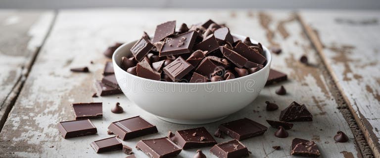 Chocolate Chunks and Chips in White Bowl on Wooden Table. Stock Photo ...