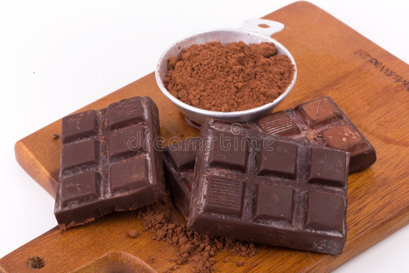 Chocolate Chunks and Cocoa Powder. Chocolate Bar Pieces on White Stock ...