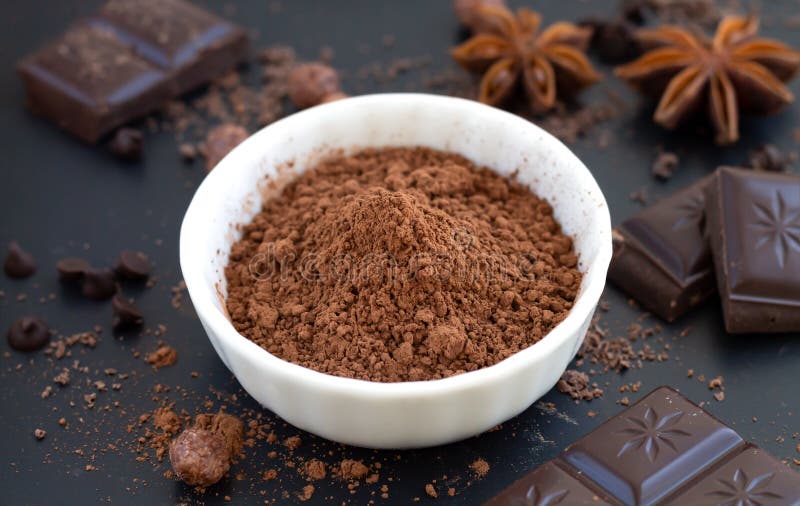 Chocolate Chunks Cocoa Powder and Spice on Dark Slate Table Stock Photo ...