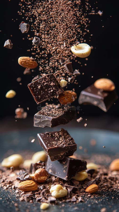 Floating Chocolate Chunks with Crumbled Nuts Stock Photo - Image of ...