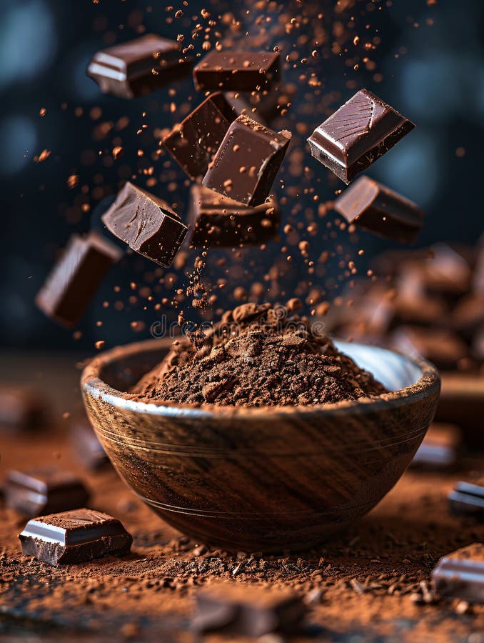Chocolate Chunks Falling Onto Cocoa Powder on a Rustic Surface Stock ...
