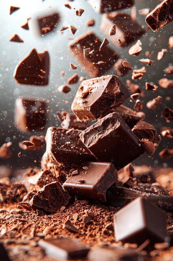 Chocolate Chunks Falling on Top of Cocoa Powder with Studio Light Stock ...