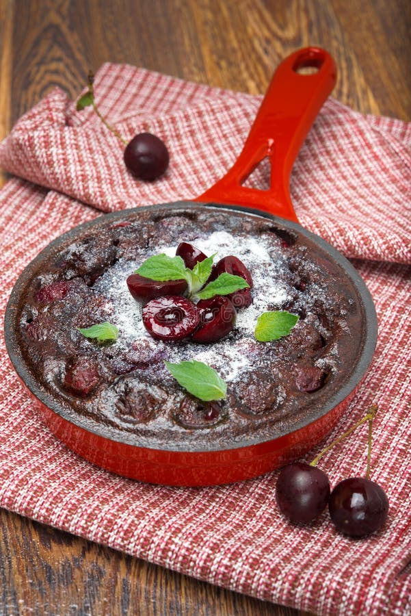 Chocolate Clafoutis with Cherries in a Frying Pan Stock Image - Image ...