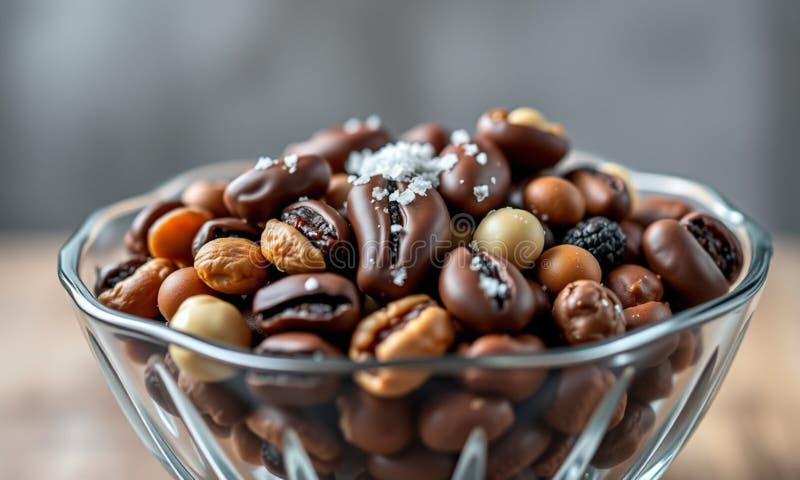Chocolate-coated Raisins and Nuts on a White Marble Surface Stock Photo ...