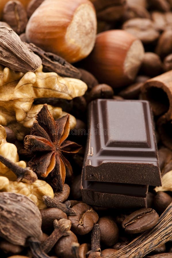 Chocolate with Coffee Beans, Spices and Nuts Stock Photo - Image of ...