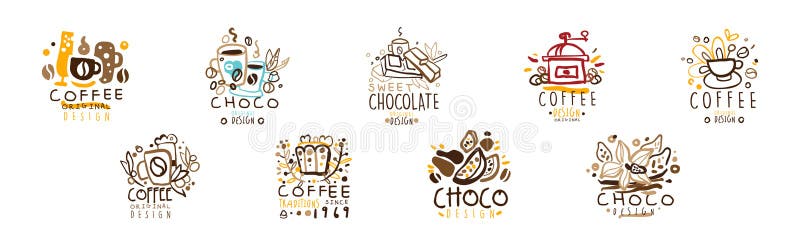 Chocolate and Coffee Original Label and Logo Design Vector Set Stock ...