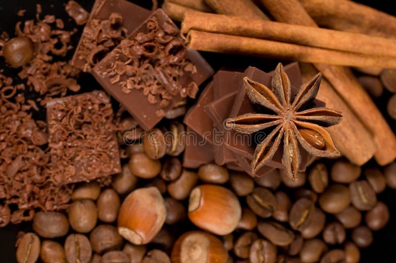 Chocolate , Coffee, Spices and Nuts Stock Photo - Image of flavor ...