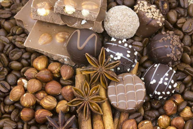 Coffee, chocolate and nuts stock image. Image of dessert - 6379631