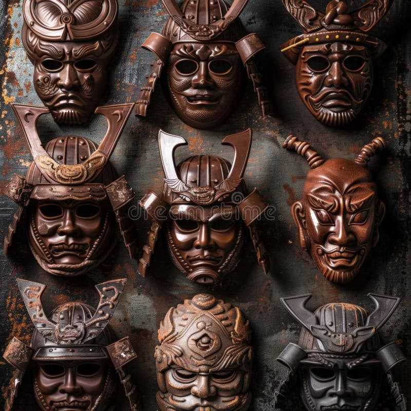 A Chocolate Collection of Intricately Designed Samurai Masks, Each with ...