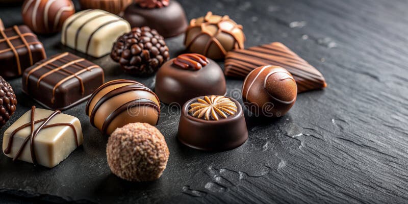 Chocolate Confections Array of Luxurious Chocolate Confections on Black Stone AI-Generated ...