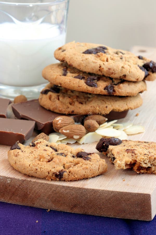 Chocolate Cookies with Milk Stock Image - Image of nuts, wooden: 25950183