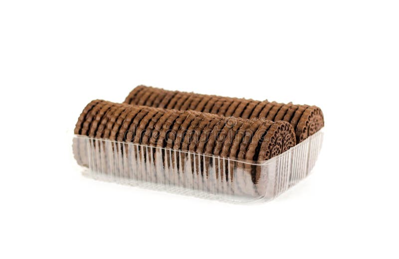 Chocolate Cookies in Transparent Plastic Packaging. Close Up Stock ...
