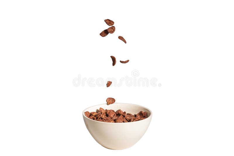 Chocolate Corn Flakes Falling To the White Bowl Isolated on White ...
