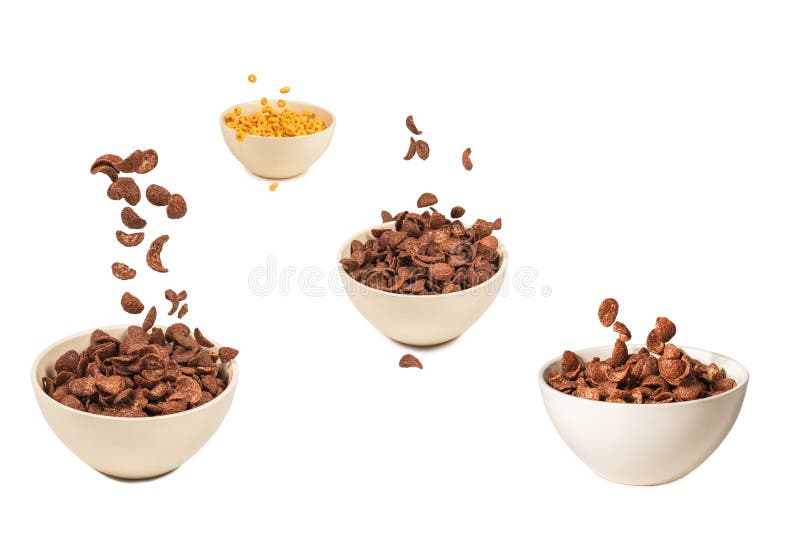 Chocolate Corn Flakes Falling To the White Bowl Isolated on White ...