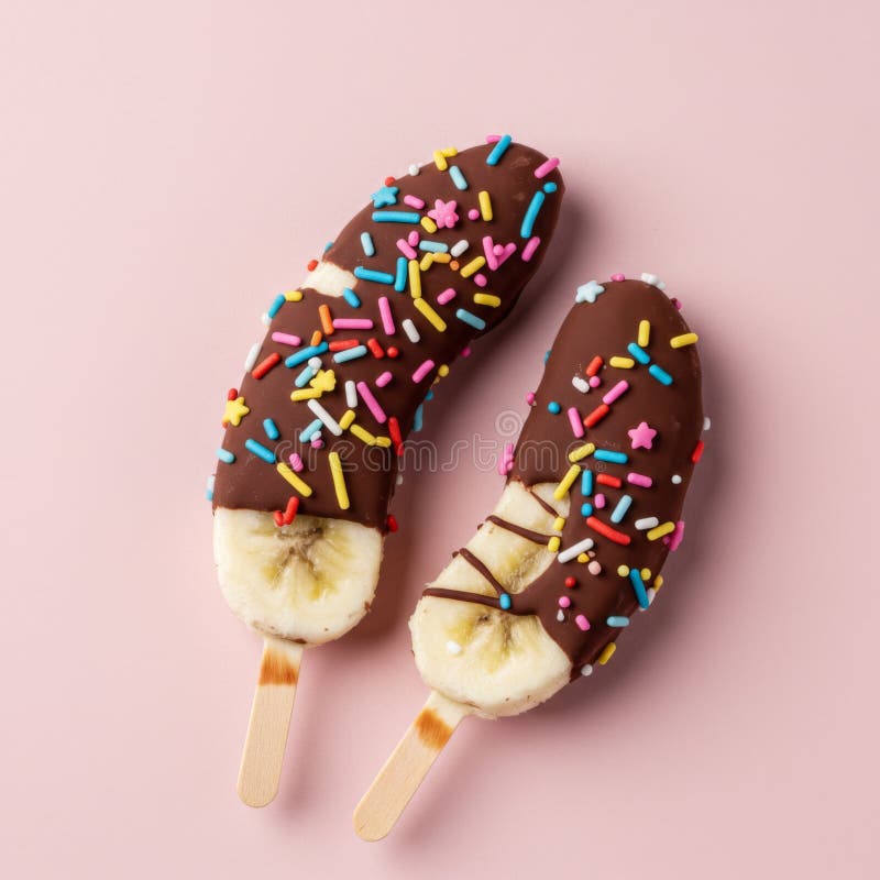 Chocolate Covered Bananas with Sprinkles on Pink Background Stock ...
