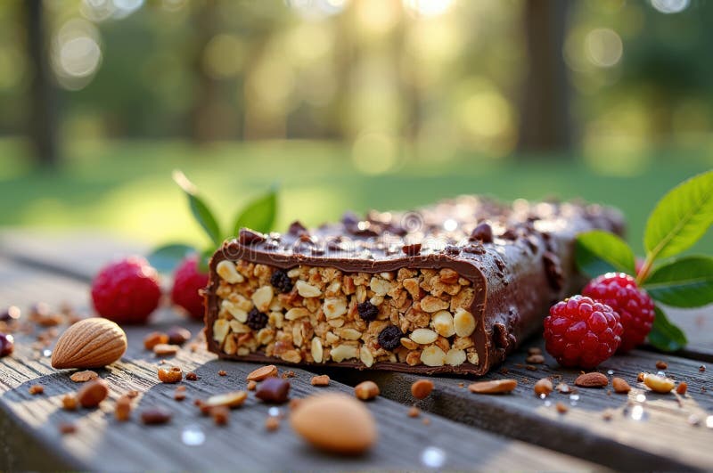 Chocolate-covered Nut and Berry Granola Bar on Wooden Table Outdoors ...