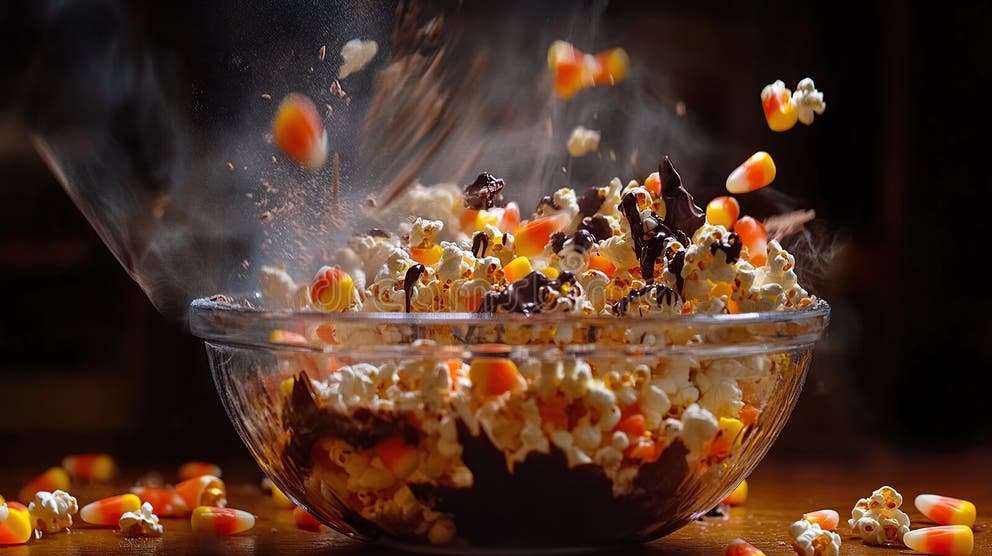 Chocolate-covered Popcorn with Candy Corn Falling into a Glass Bowl ...