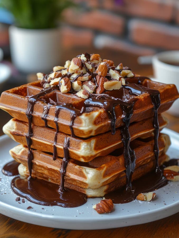Chocolate-covered Waffles with Nuts Stacked on a Plate. Stock Photo ...