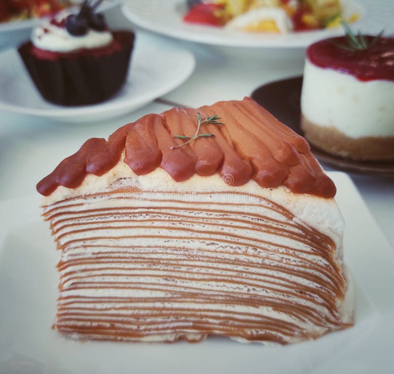 Chocolate Crape Cake ,snack in Cafe Served in White Plate, Ready To Eat ...