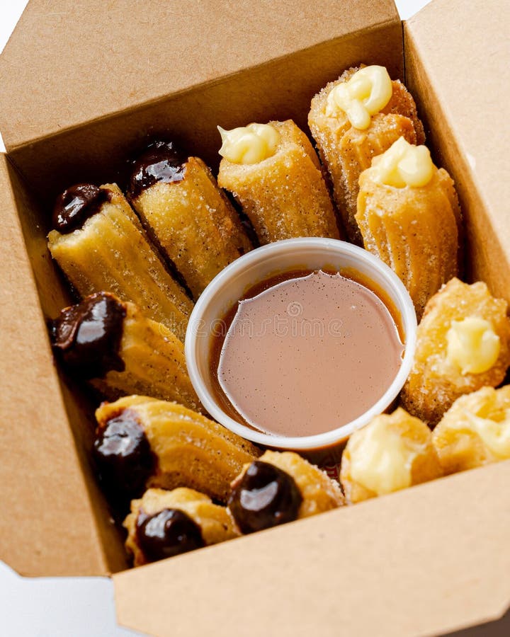 Chocolate and Cream Fritters in a Box Stock Photo - Image of sauce ...