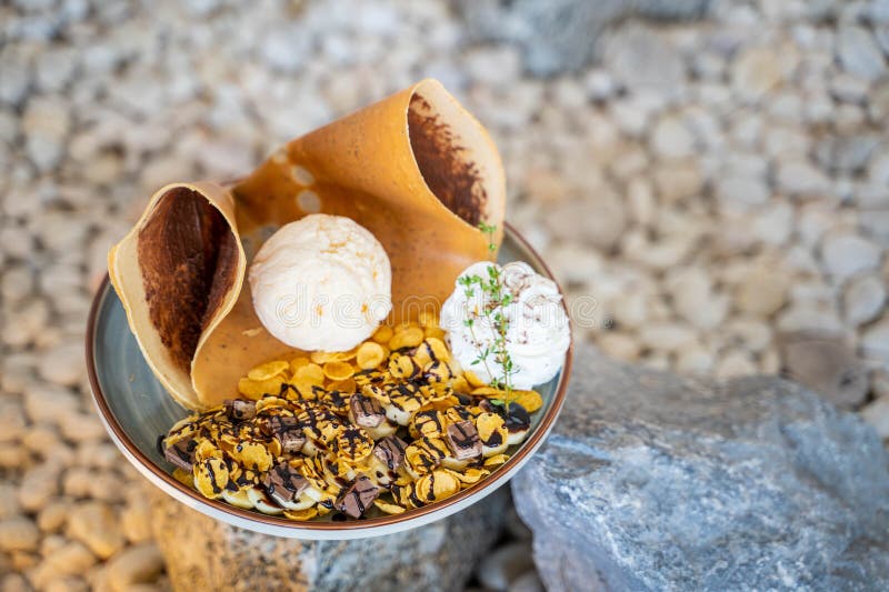 Chocolate Crepe Serve with Ice Cream and Cereal Stock Photo - Image of ...