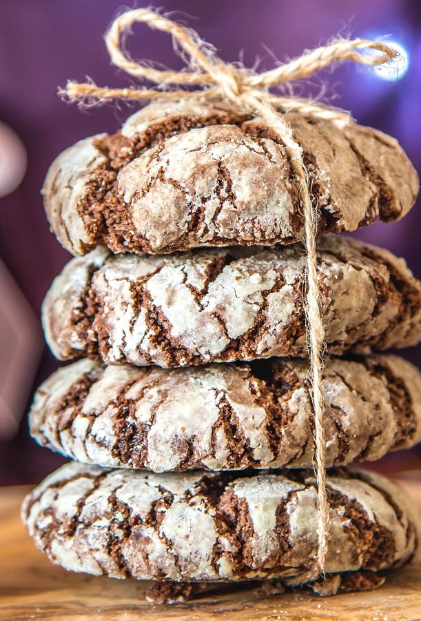 Chocolate Crinkle Cookies Stacked and Tied with String Stock Photo ...