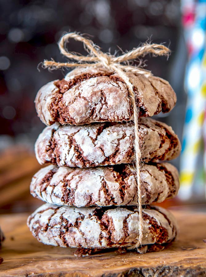 Chocolate Crinkle Cookies Stacked and Tied with String Stock Image ...