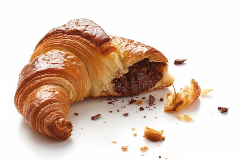 A Chocolate Croissant with Chocolate Chips is Cut in Half. Isolated on ...