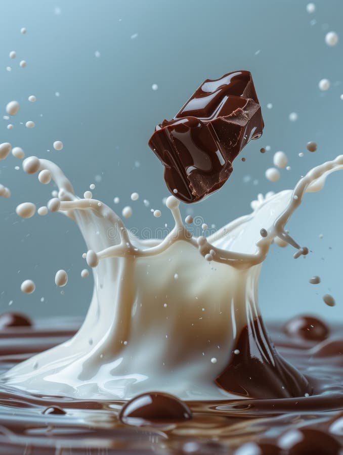 Chocolate Cube Splashing into Milk Creating Dynamic Visual Effect ...
