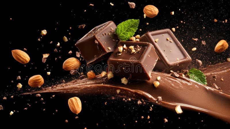 Chocolate Cubes, Almonds, Mint Leaves Falling into Liquid Chocolate ...