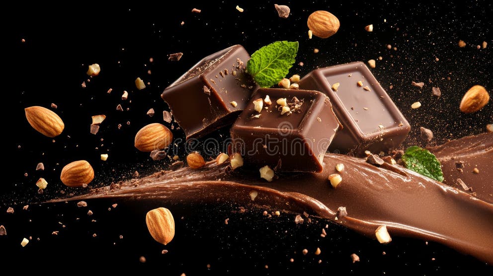 Chocolate Cubes, Almonds, Mint Leaves Falling into Liquid Chocolate ...